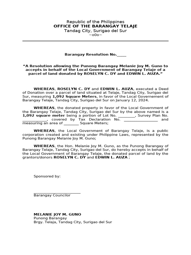 Acceptance of Donation - Barangay Telaje | PDF