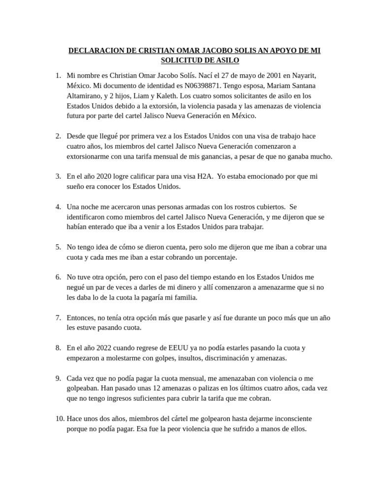 Declaration of Cristian Jacobo Solis Version 3 | PDF | Policía