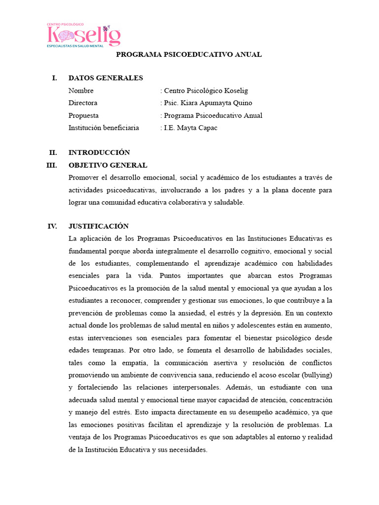 Programa Psicoeducativo Nivel Inicial, Primaria y Secundaria | PDF | Las emociones | Salud mental