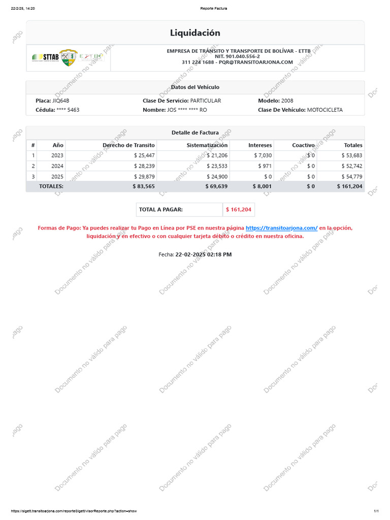 Reporte Factura Transito Arjona JIQ64B | PDF | Tecnología bancaria | Pagos