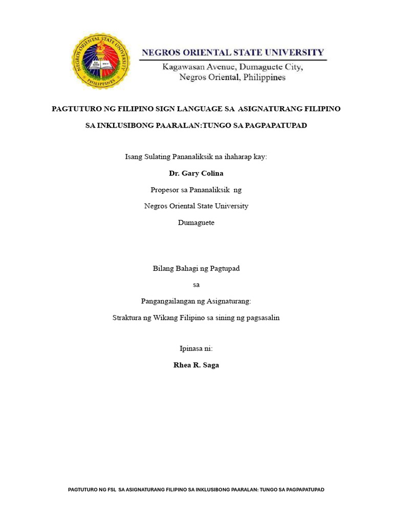 Pagtuturo NG Sign Language Sa Asignaturang Filipino Sa Inklusibong ...