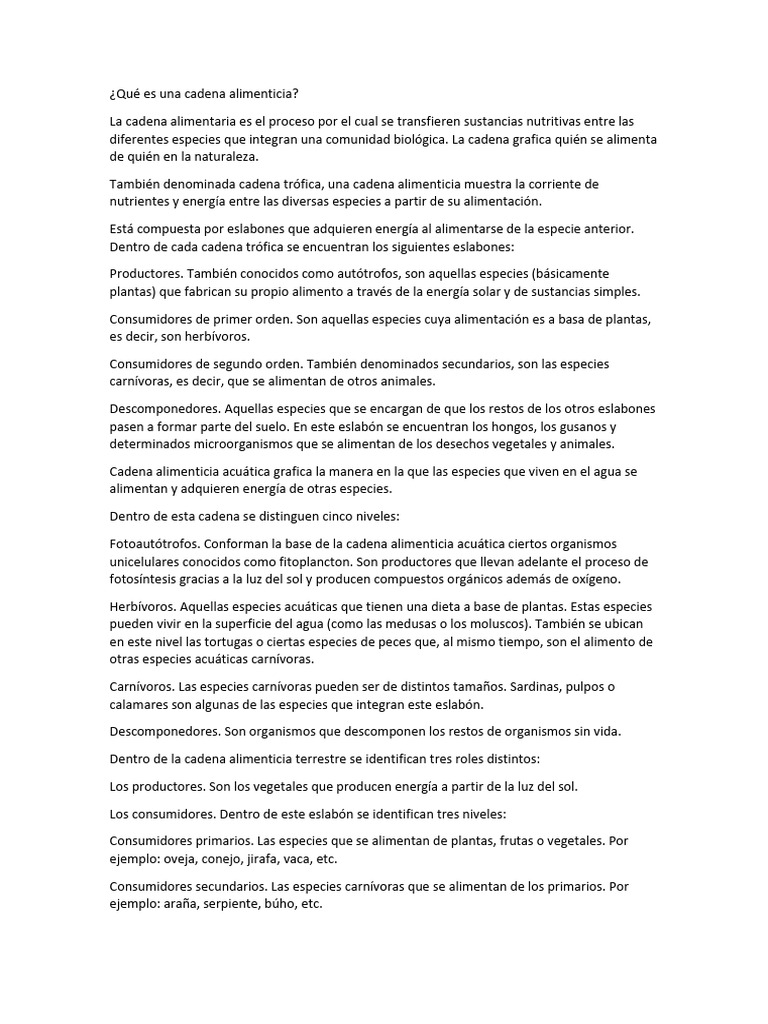 Cadena Alimenticia: Eslabones y Tipos | PDF | Red alimentaria | Biología