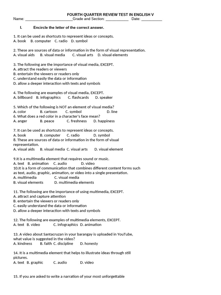 FOURTH-ENGLISH - Review Test | PDF | Multimedia | Infographics