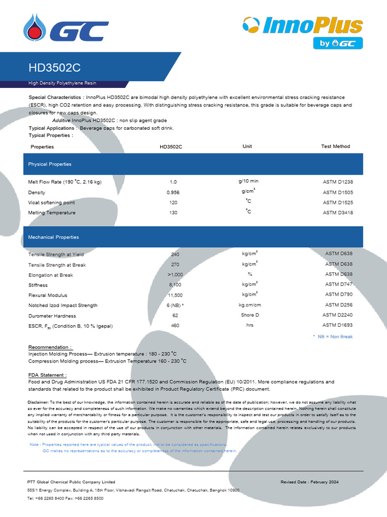 InnoPlus HD3502C Polyethylene Properties | PDF | Mechanical Engineering ...