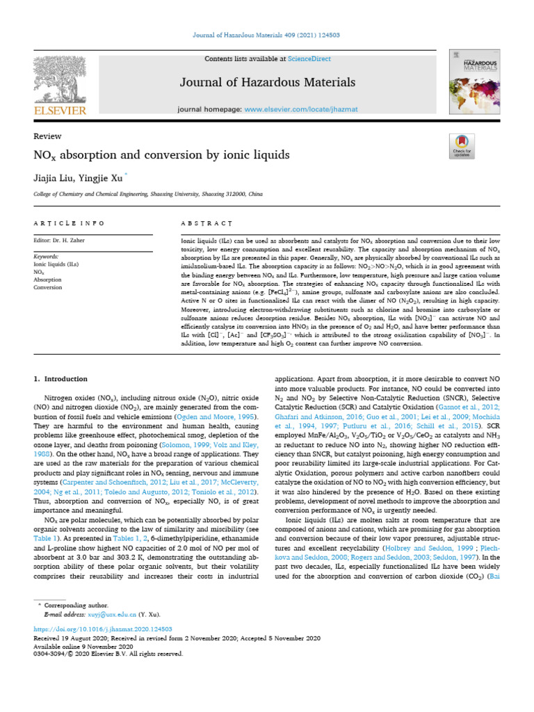NOx Absorption and Conversion with Ionic Liquids | PDF | Catalysis ...