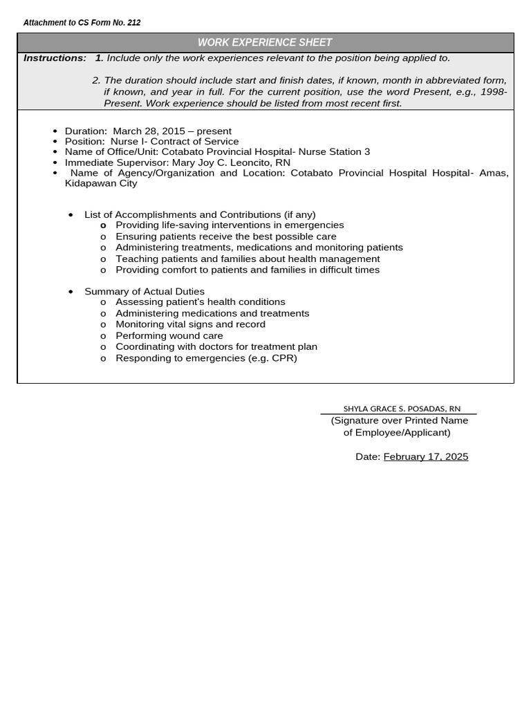 CS Form No. 212 Attachment - Work Experience Sheet (15) | PDF