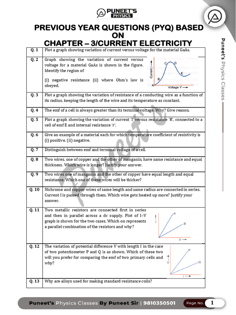 Previous Year Questions (Pyq) Based ON Chapter - 3/current Electricity | PDF | Voltage ...