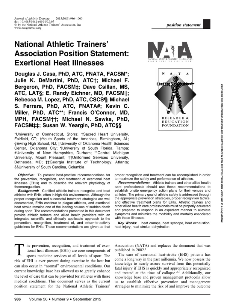 NATA Position Statement On Exertional Heat Illnesses | PDF ...