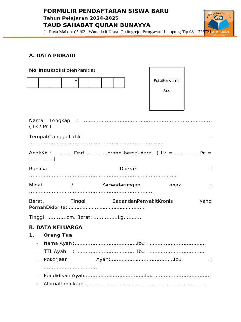 Form Daftar SISWA BARU 2022 | PDF