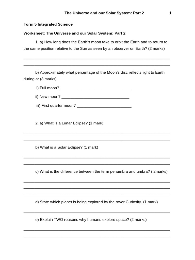 Worksheet 5 - The Universe and Our Solar System - Part 2 | PDF