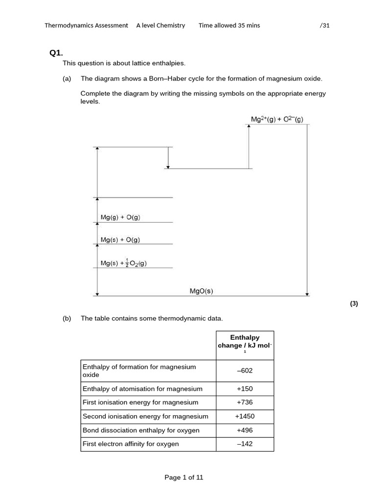Thermodynamics Assessment for A Level Chemistry | PDF | Enthalpy ...