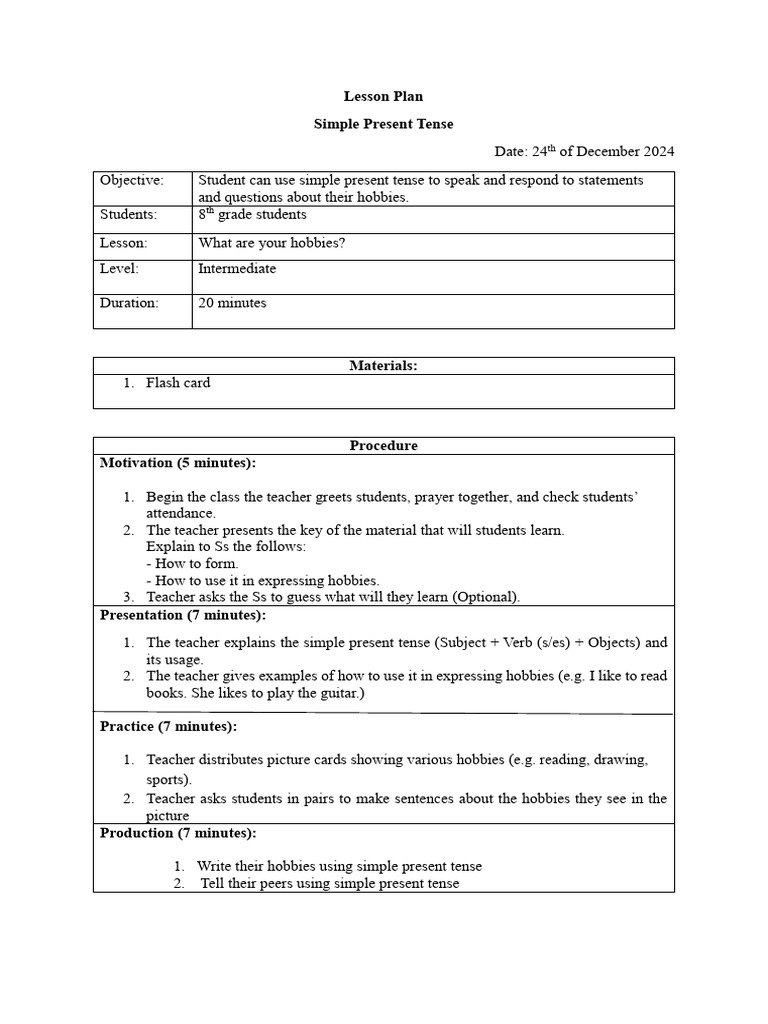 Lesson Plan of Simple Present Tense Group 1 | PDF