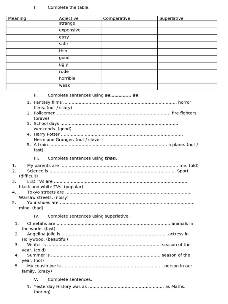 ESL Comparative and Superlative Exercises | PDF