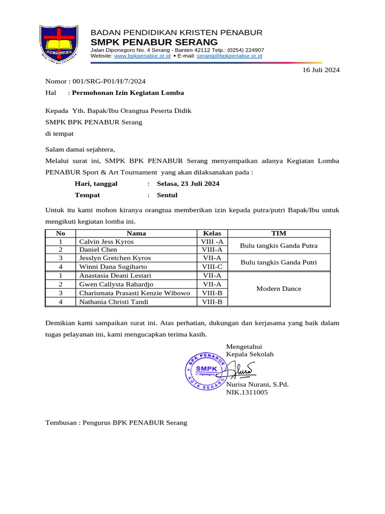 001 - Permohonan Ijin Lomba Penabur Art Tournamen | PDF