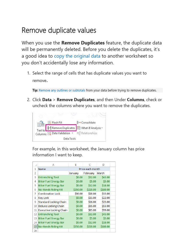 Removing Duplicate Data in Excel | PDF