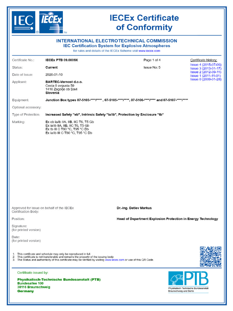 IECEx PTB 09.0009X Issue 5 - IECEx Certificates | PDF