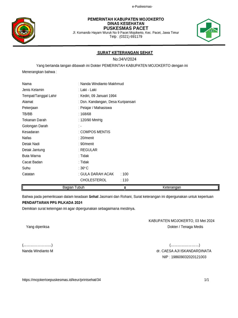 Surat Sehat Puskesmas Pacet | PDF