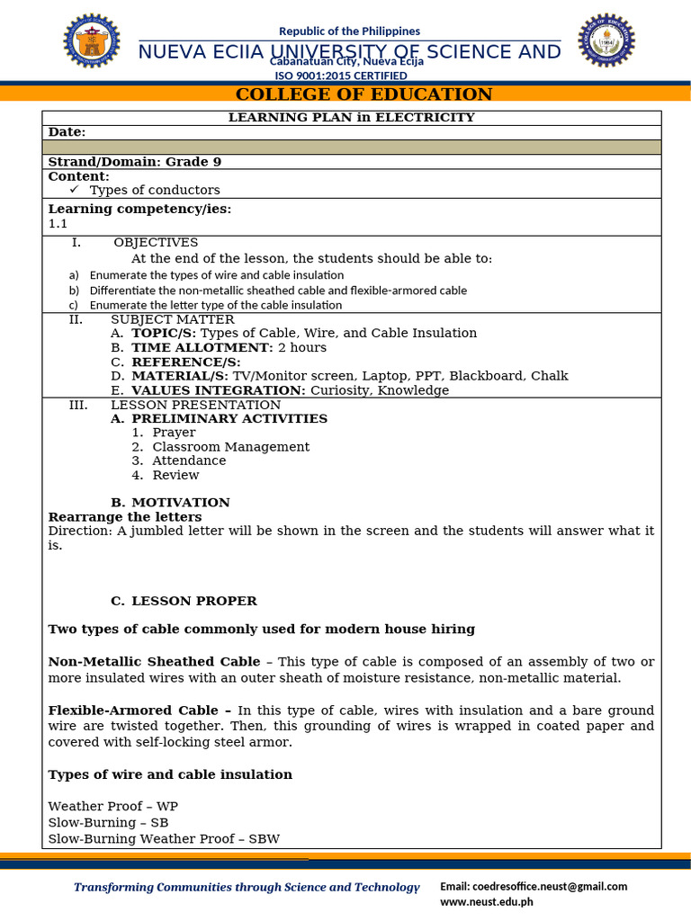 Semi Detailed Lesson Plan Cablewireinsulation Repaired | PDF ...