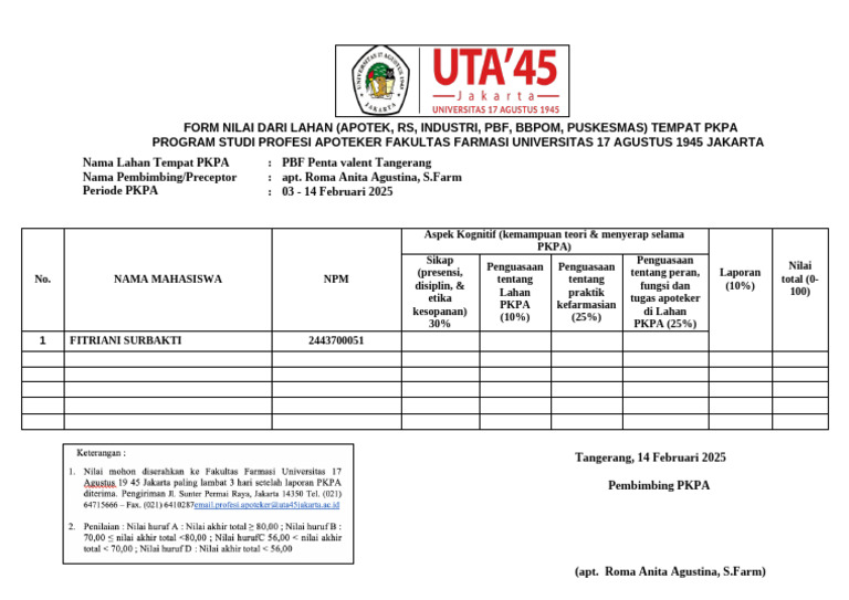 Form Nilai PKPA Apoteker 2025 | PDF