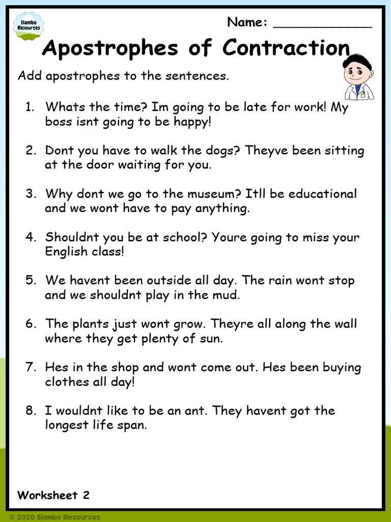Grade 4 Apostrophes of Contractions Worksheet 2 | PDF