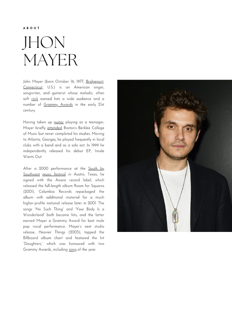 John Mayer: Grammy-Winning Artist Bio | PDF