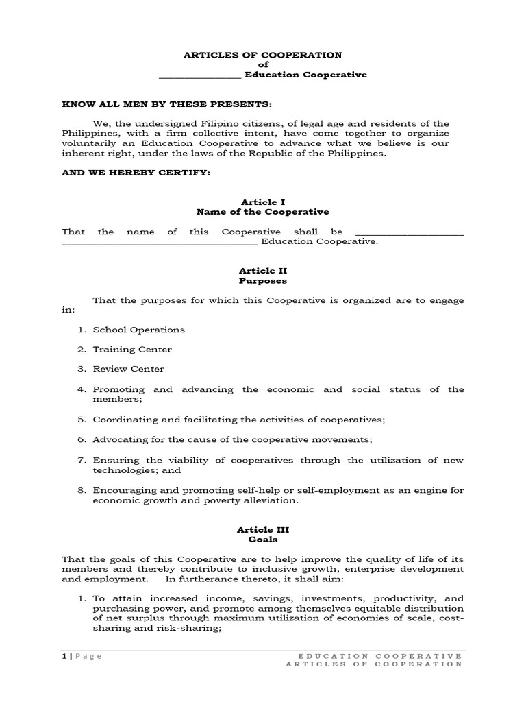 Education Articles of Cooperation | PDF | Cooperative | Poverty