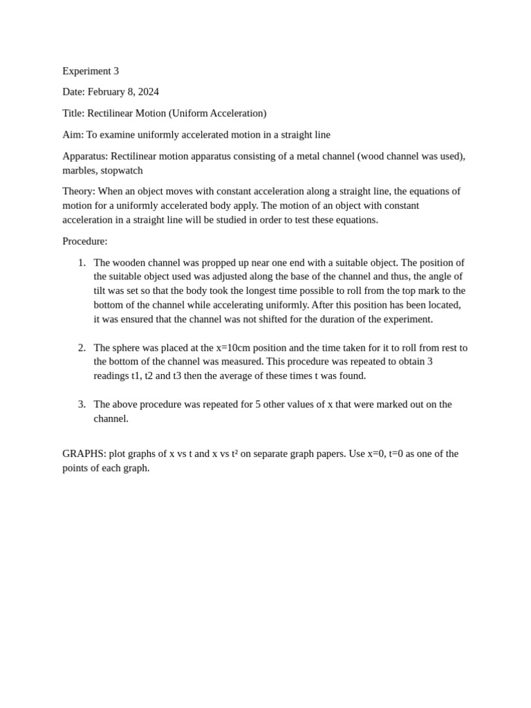Rectilinear Motion Uniform Acceleration Lab 3 Pdf Acceleration