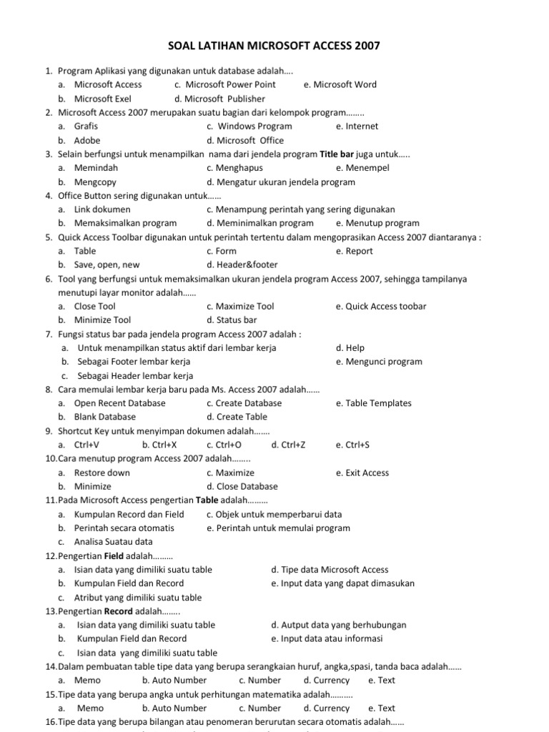 Soal Latihan Microsoft Access 2007 | PDF | Metode & Bahan Ajar