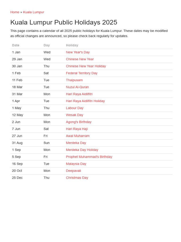 Kuala Lumpur Public Holidays 2025 | PDF