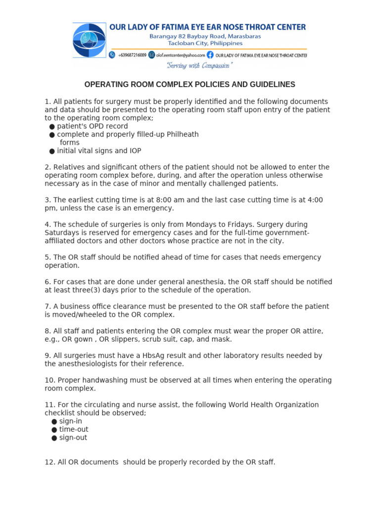 Operating Room Guidelines For Infection Control | PDF | Operating ...