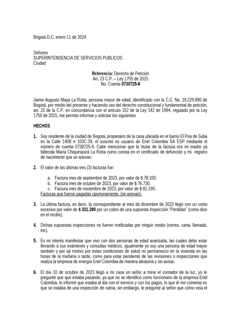 Fformato-Derecho-De-Peticion - Enel-Codensa-Sa-Esp Jaime Maya | PDF ...