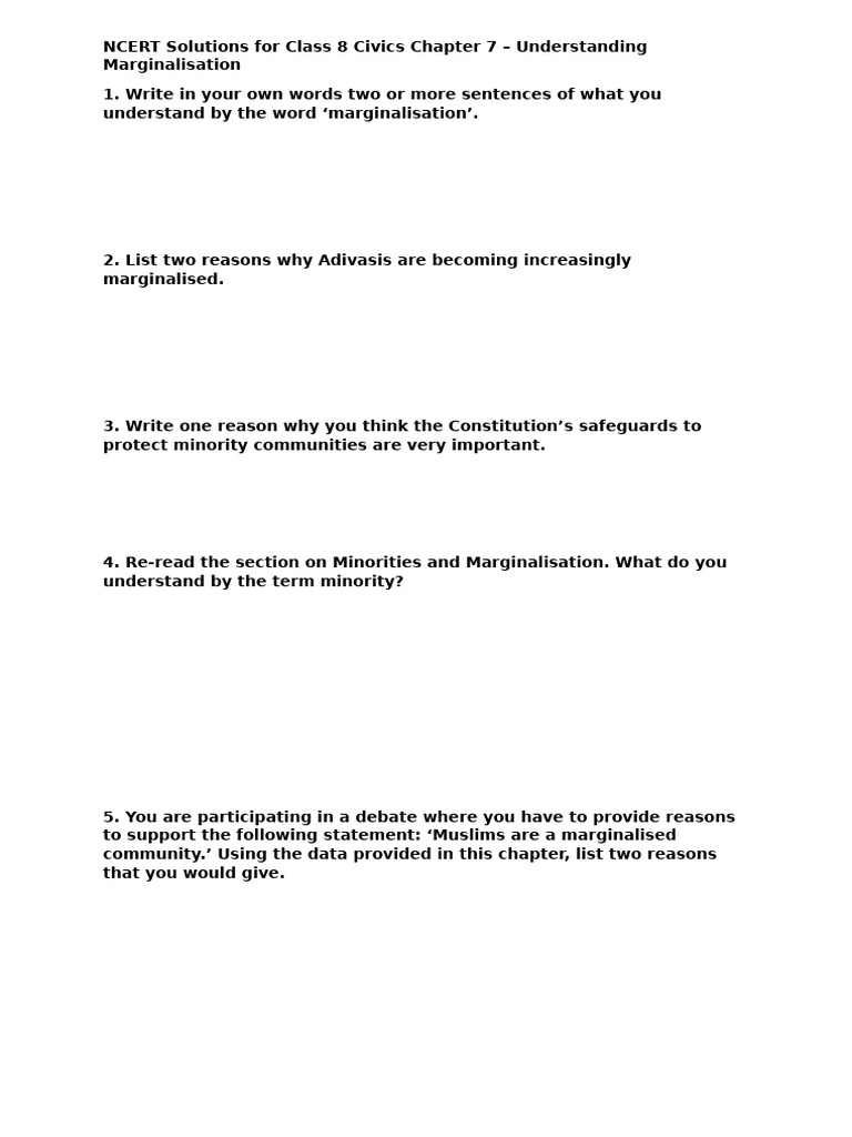NCERT Solutions for GRADE 8 UNDERSTANDING MARGINALISATION - QP | PDF