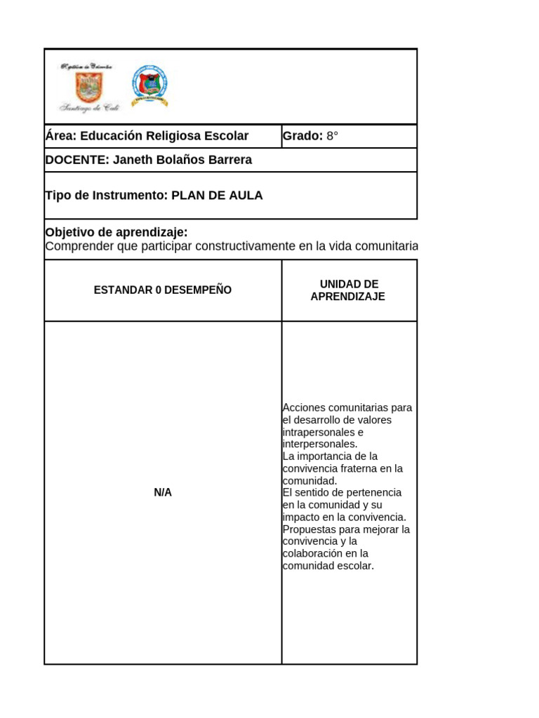 Religión 8°-Plan Aula IP | PDF | Aprendizaje | Comunidad