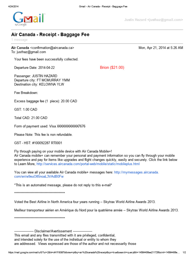 Air Canada Baggage Fee Receipt | PDF
