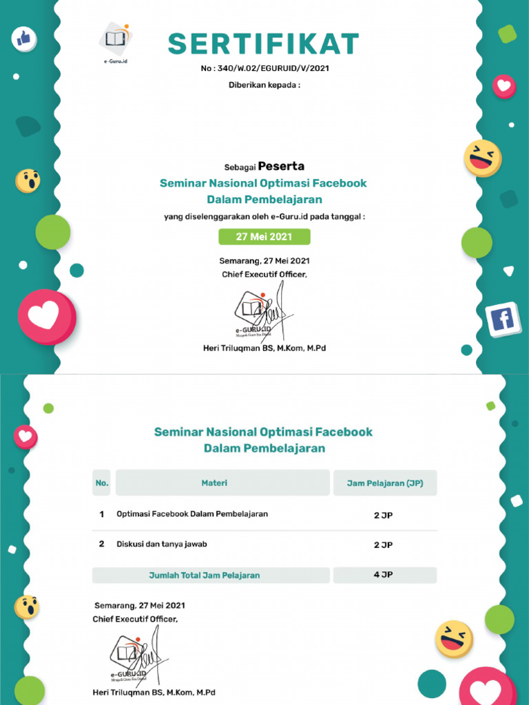 Sertifikat Semnas Optimasi Facebook Revisi | PDF