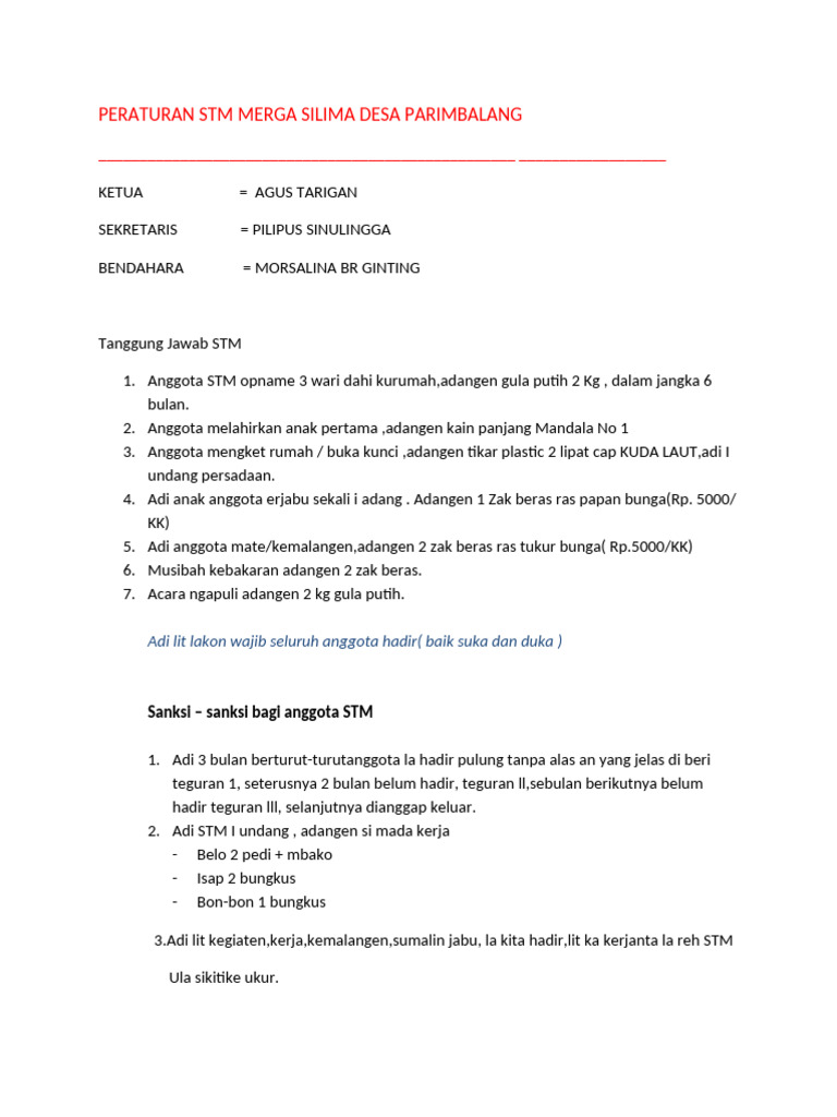 Peraturan STM Merga Silima Desa Parimbalang | PDF