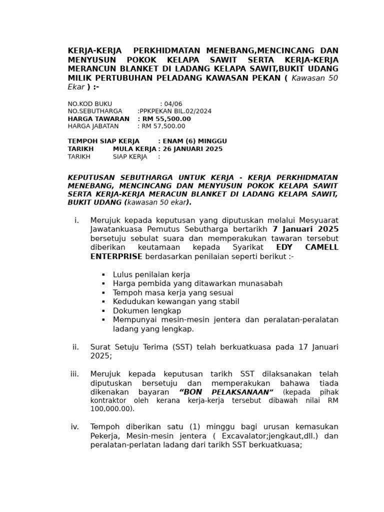 Keputusan Mesyuarat Biro PROJEK Keputuan Sebutharga Kawasan 50 Ekar Edit | PDF