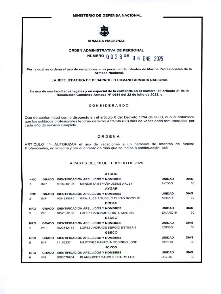 OAP No.0028-2025 SEVAC Por La Cual Se Ordena Uso de Vacaciones ARC ENC IMP MENDIETA ESPAÑA JESÚS ...