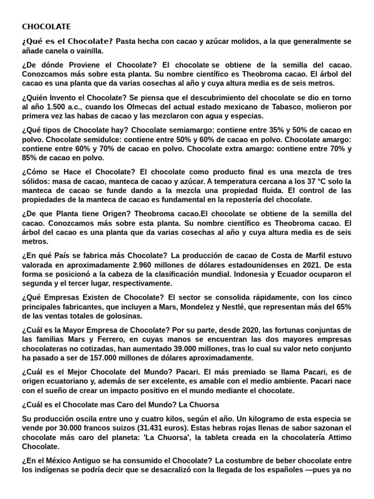 Historia y Beneficios del Chocolate | PDF | Chocolate