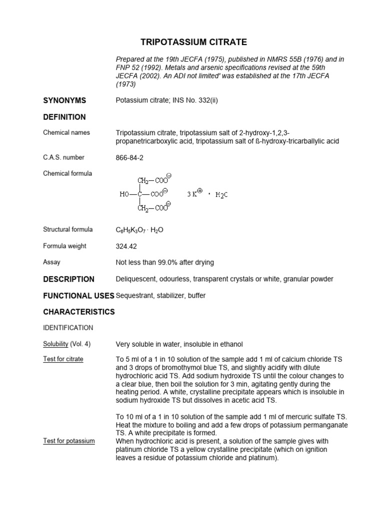 JECFA SPECIFICATION Tripotassium Citrate | PDF | Acid | Precipitation ...