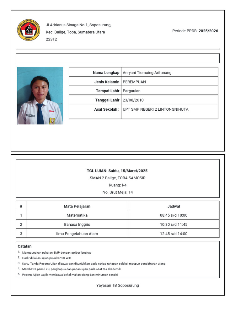 Kartu Tanda Peserta Ujian 214 77 68604 | PDF