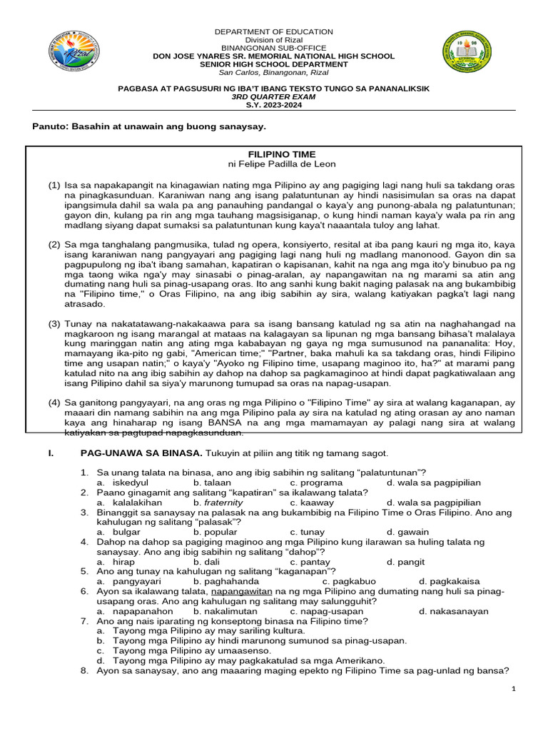 Pagbasa Exam Q3 | PDF