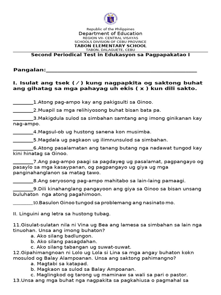 4TH Preiodical Test With Tos GR1 | PDF