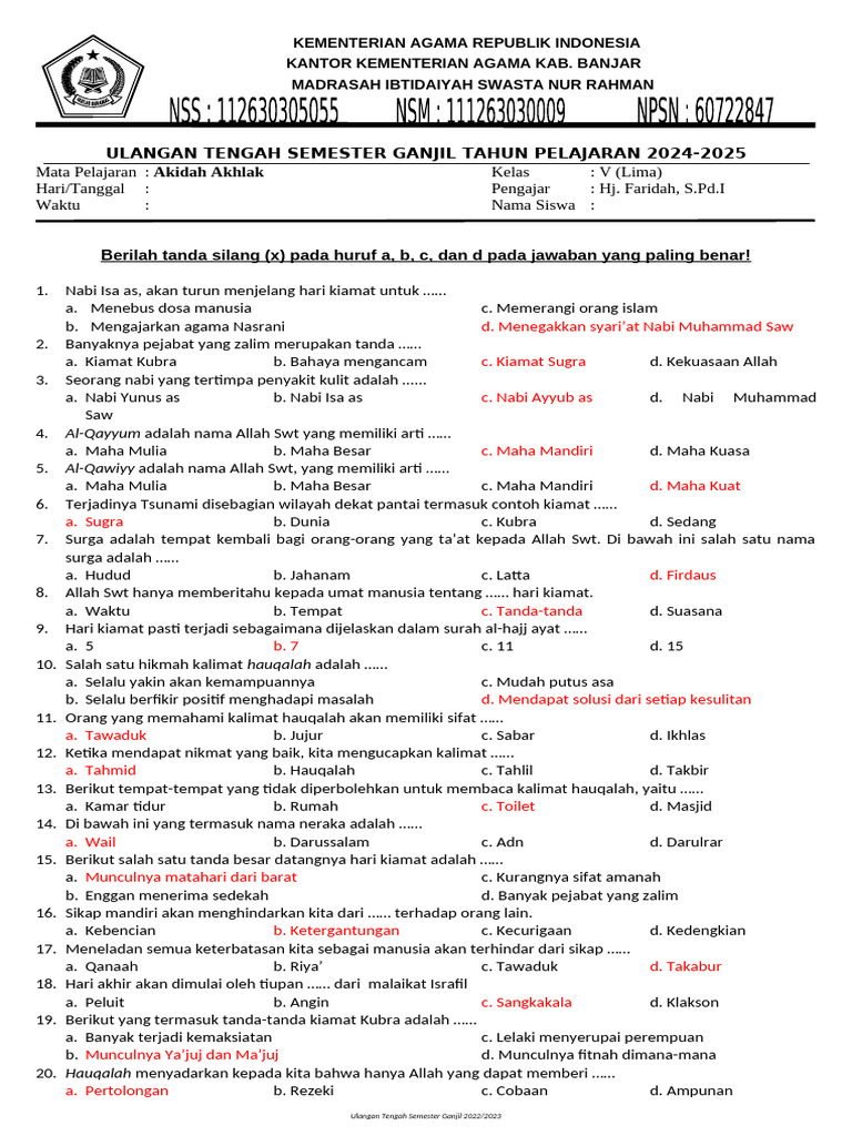 Soal Uts Akidah Akhlak Kelas 5 Tp. 2024-2025 | PDF