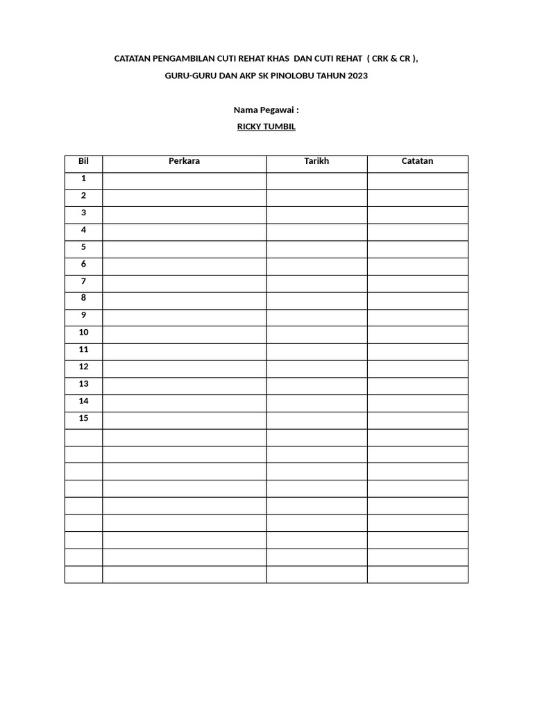Catatan Pengambilan Cuti Rehat Khas Dan Cuti Rehat | PDF