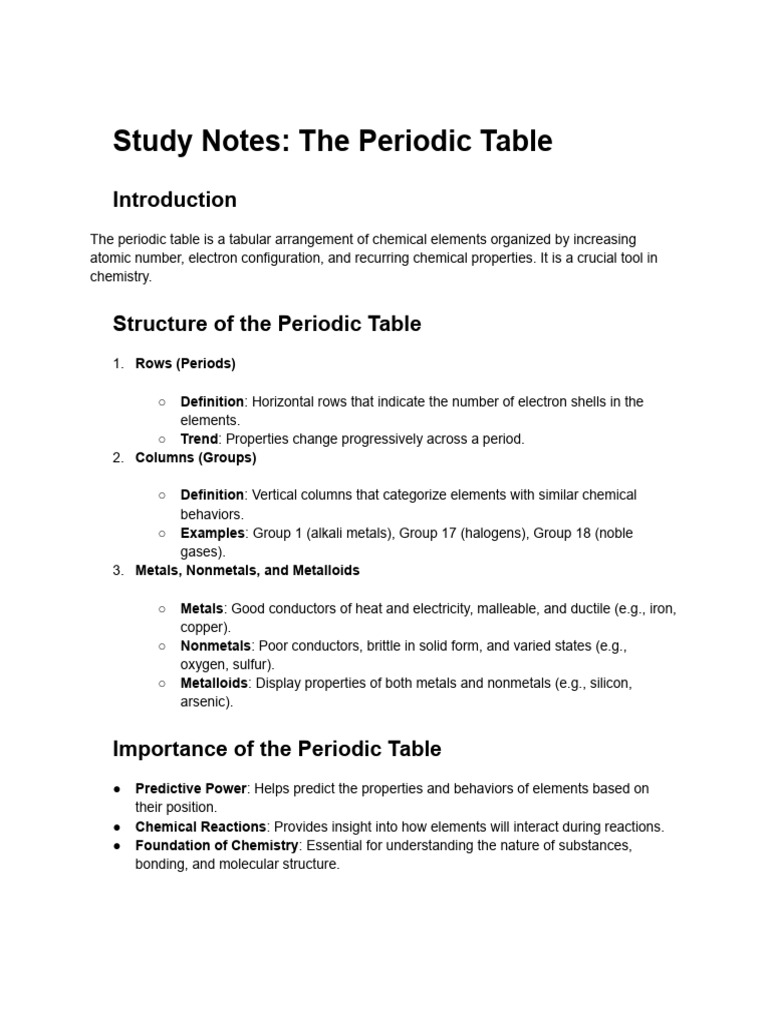 Study Notes - The Periodic Table | PDF