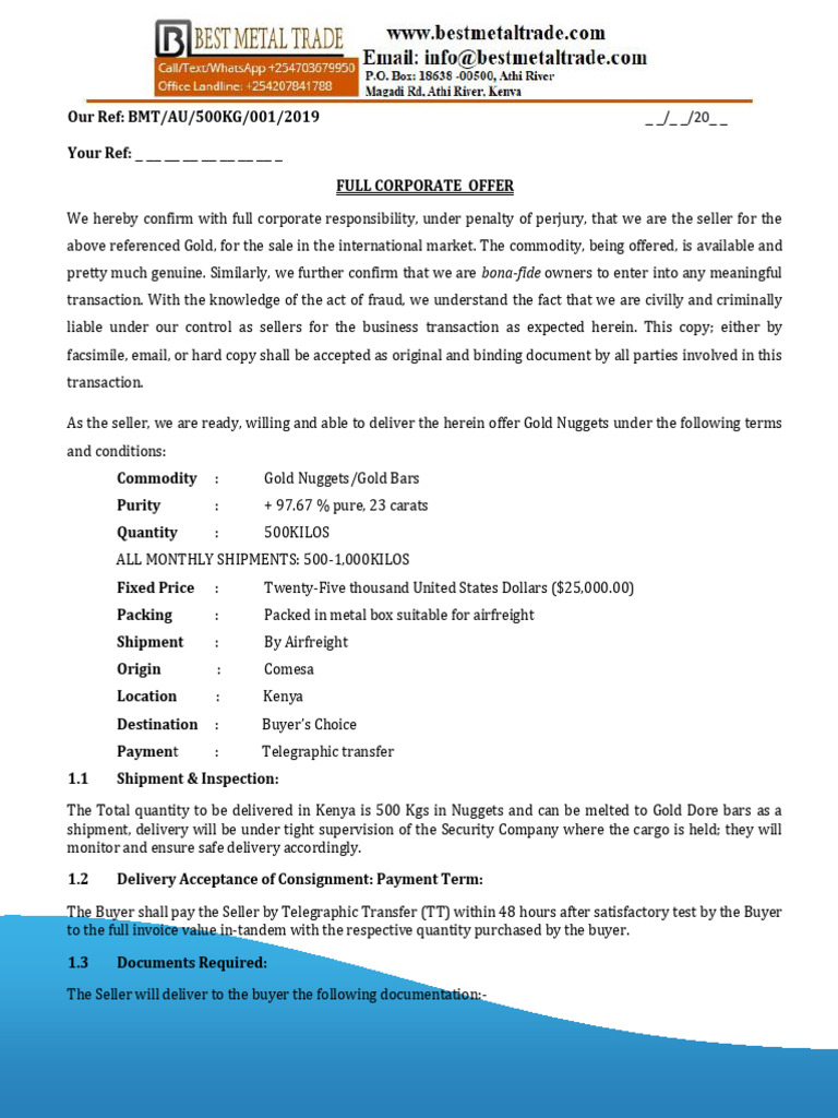 Au Gold Fco Offer | PDF | Invoice | Cargo