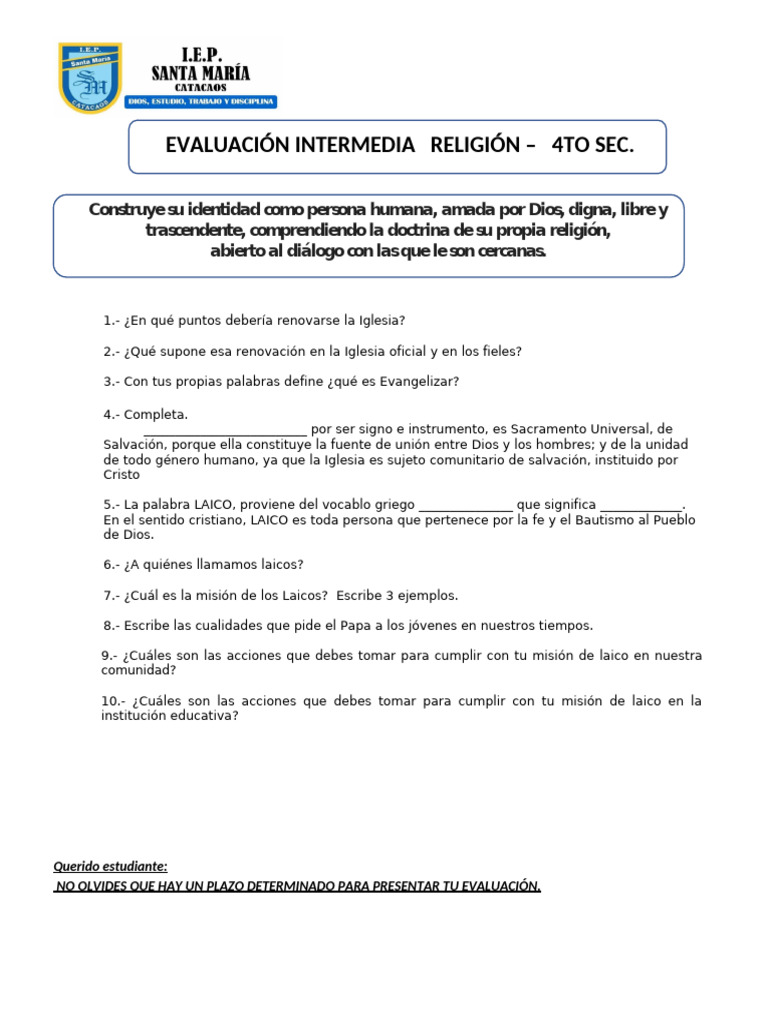 Evaluación Intermedia Reli. 4to Sec. | PDF
