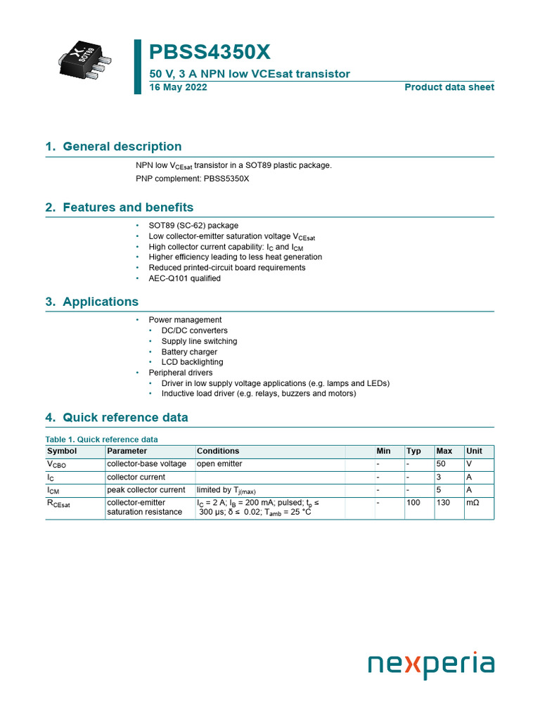 PBSS4350X | PDF | Bipolar Junction Transistor | Electromagnetism
