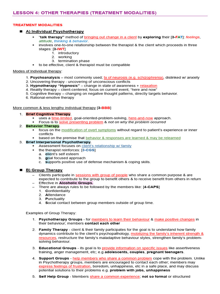 Overview of Treatment Modalities in Therapy | PDF | Psychotherapy | Art ...